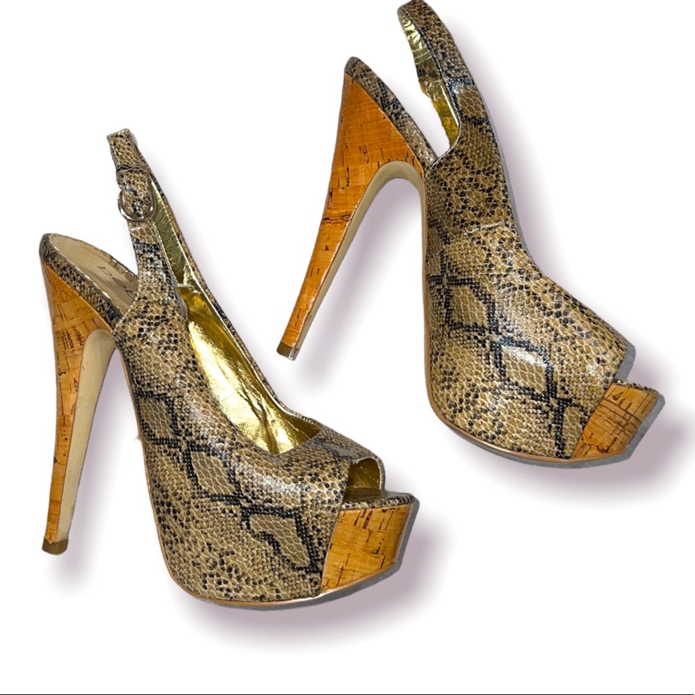 Bebe Snake And Cork Stiletto Platform Peep Toe High H… - Gem
